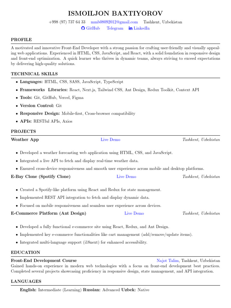 Ismoiljon CV | PDF