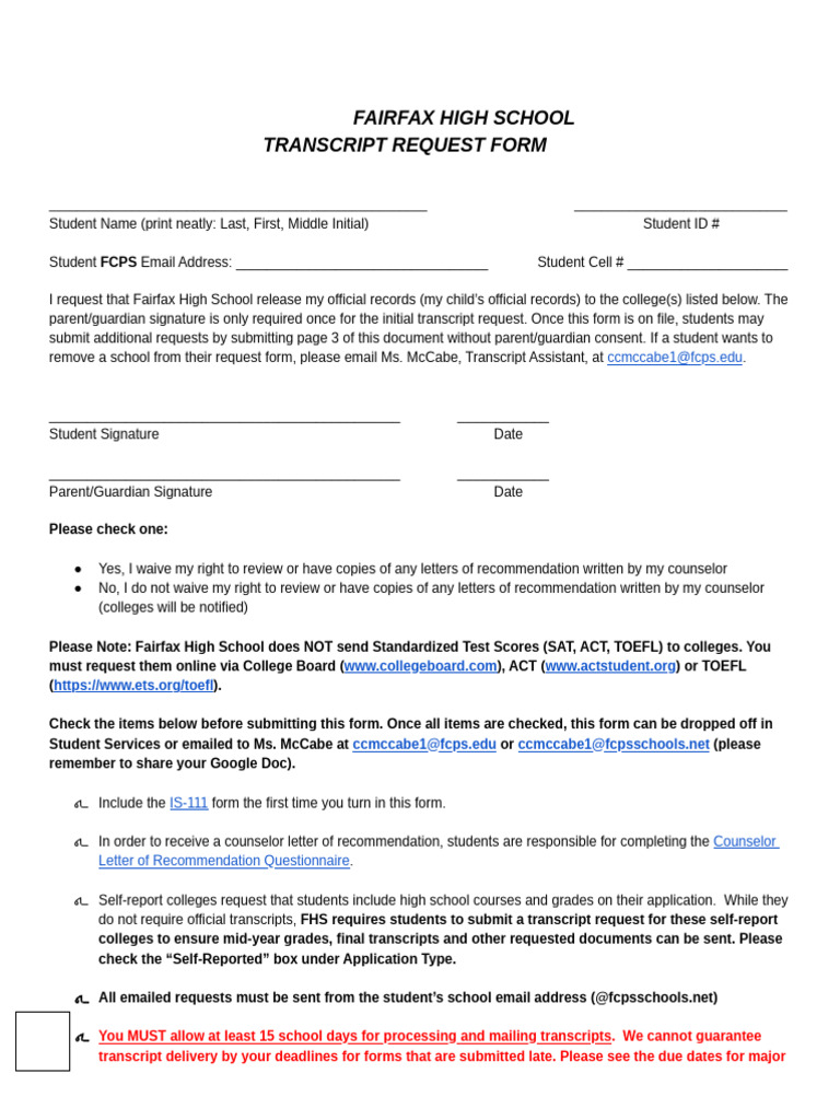 2024-25 FHS Senior Transcript Request Form.docx | PDF