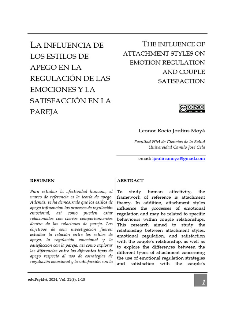 La Influencia de Los Estilos de Apego en La Regulación de Las Emociones y La Satisfacción en La ...