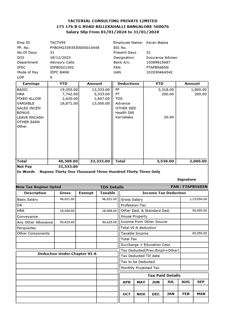 January 2024 Salary Slip Details | PDF | Taxes | Wealth