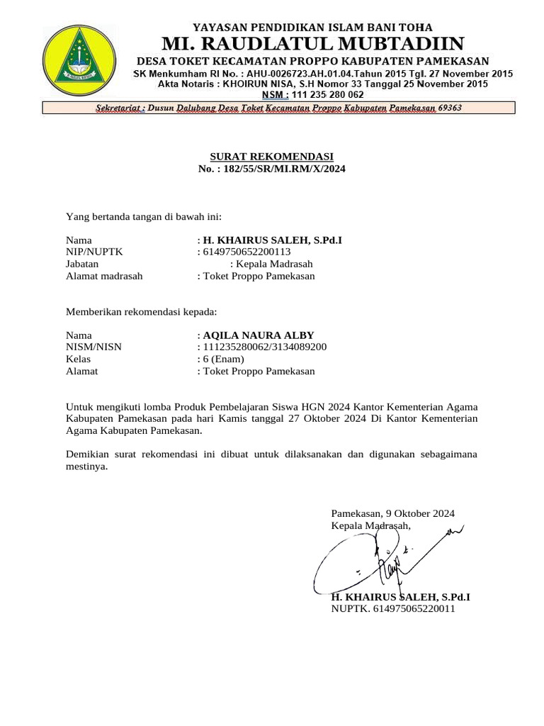 Surat Rekomendasi Kamad | PDF