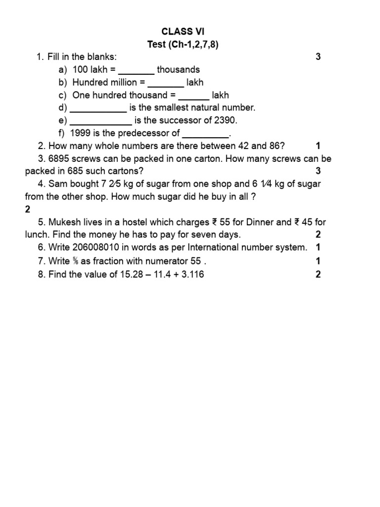 Class 6_Test (CH-1-2-7-8) | PDF