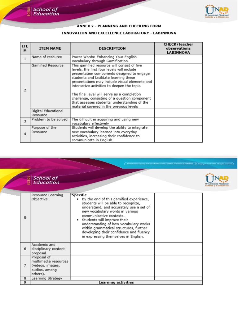Annex 2 - Planning and Checking Form LABINNOVA 1 - 5 | PDF | Vocabulary ...