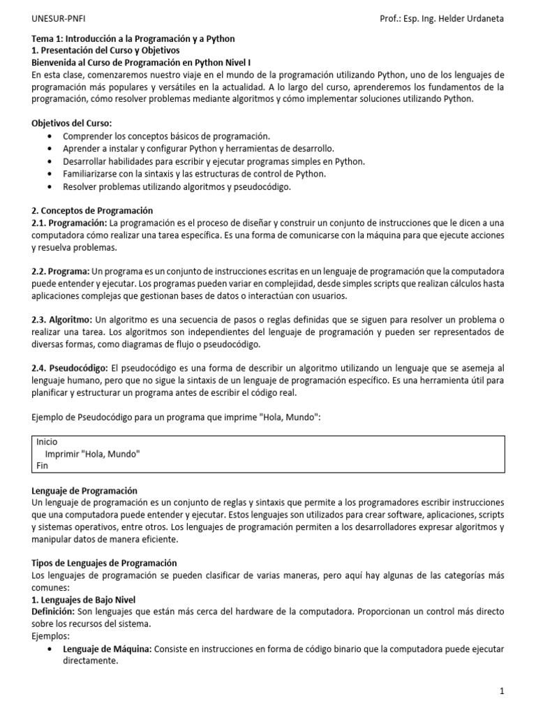 Guia 1- Python Nivel i | PDF | Programación de computadoras | Lenguaje de programación