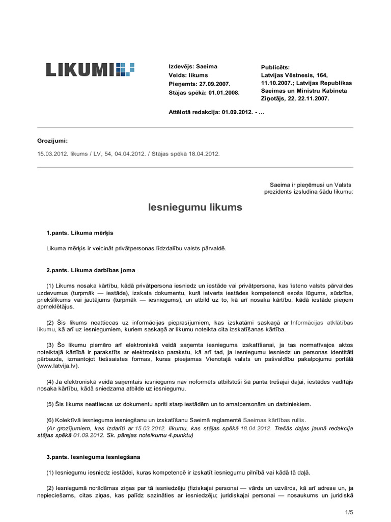 Iesniegumu Likums - 01.09.2012 | PDF