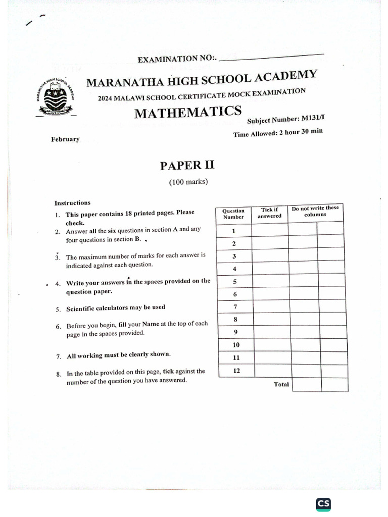 Mathematics Mock Paper II | PDF