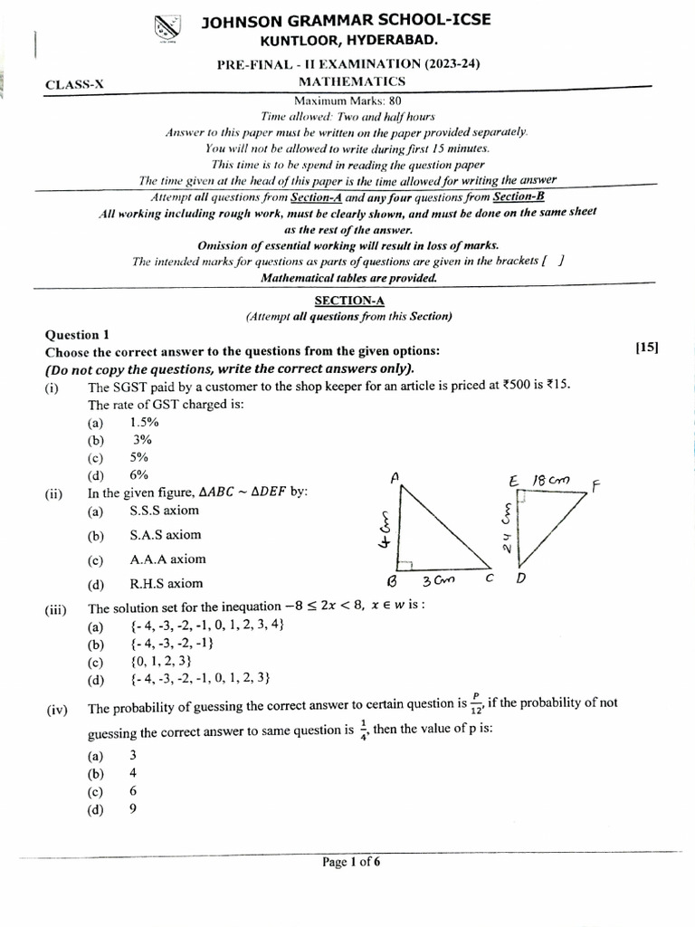 Icse Class 10 Maths Prefinal Paper Jgs Johnson Grammar SKL | PDF ...