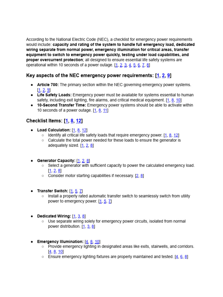 Emergency Power Requirements NEC Checklist | PDF | Power (Physics ...