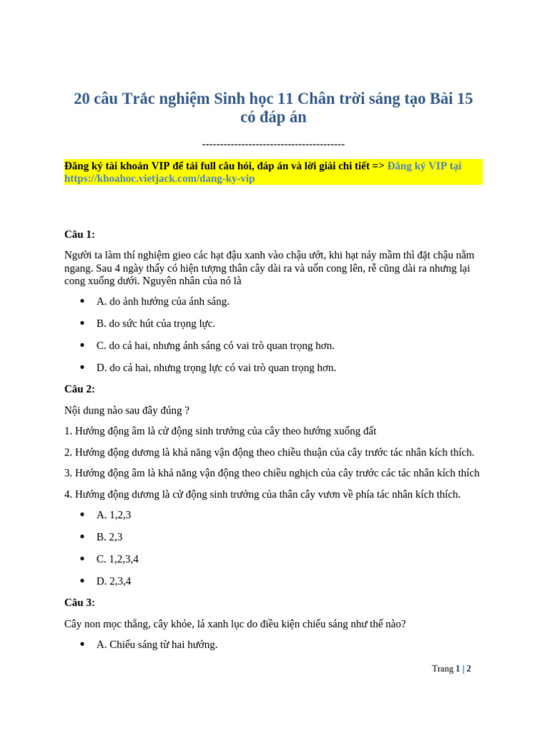 20 Cau Trac Nghiem Sinh Hoc 11 Chan Troi Sang Tao Bai 15 Co Dap An - 2025 - 01 - 12 | PDF