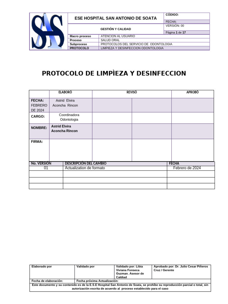 Protocolo de Limpieza y Desinfeccion | PDF | Hospital | Odontología