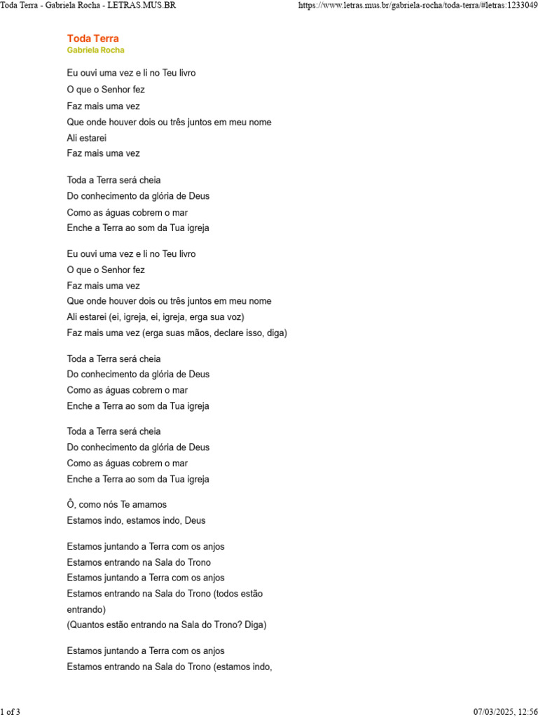 Letra da música "Toda Terra" | PDF | Santo | Crença e doutrina religiosa