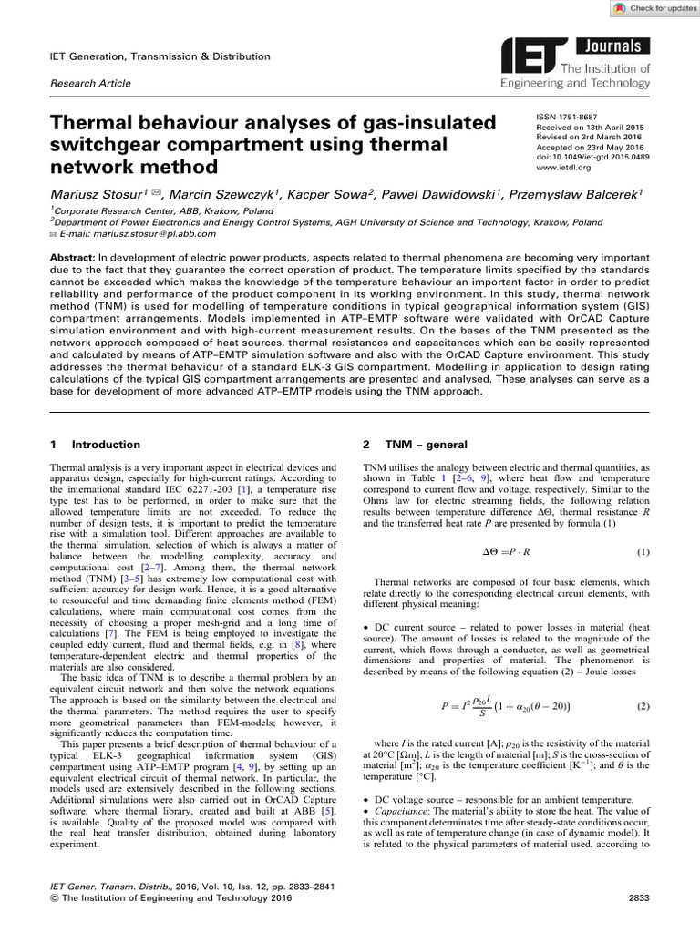 Iet Generation Trans Dist 2016 Stosur Thermal Behaviour Analyses Of Gas Insulated