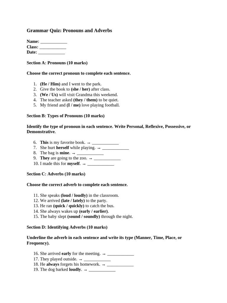Pronouns and Adverbs Quiz | PDF
