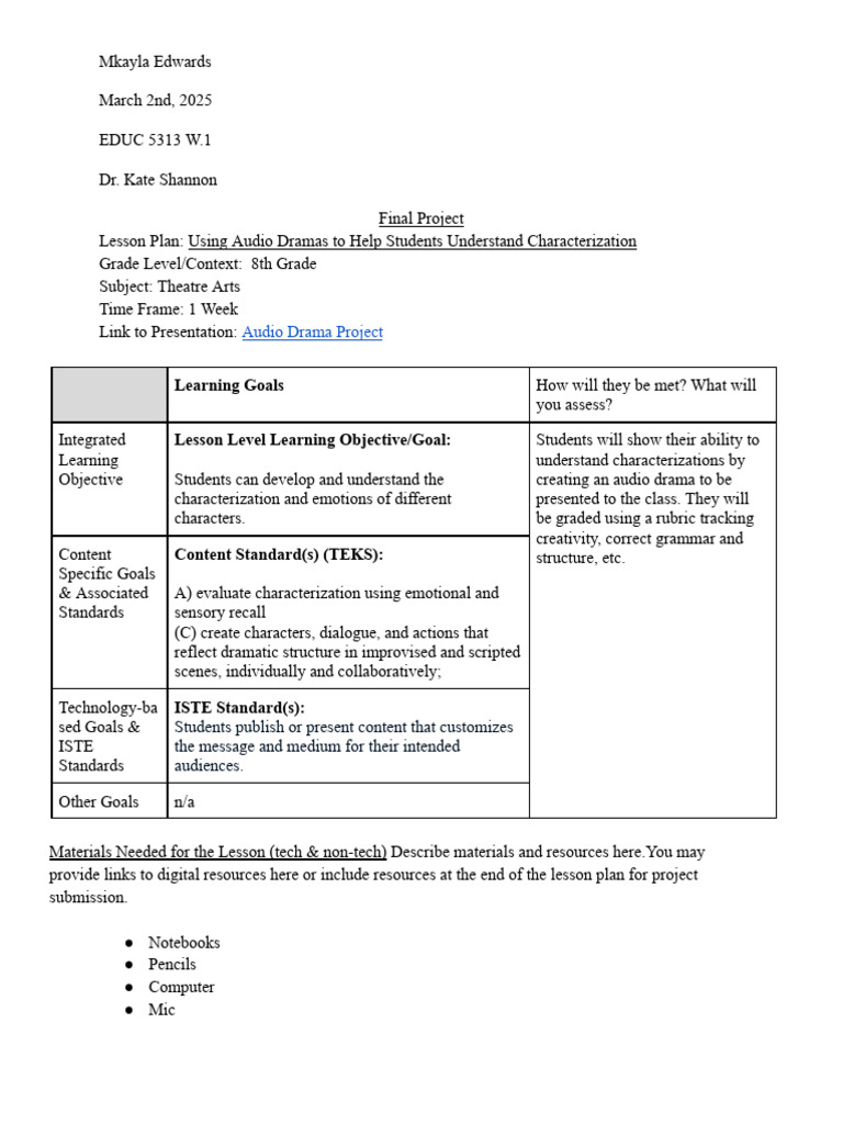 Final Project Educ 5313 Pdf Lesson Plan Learning