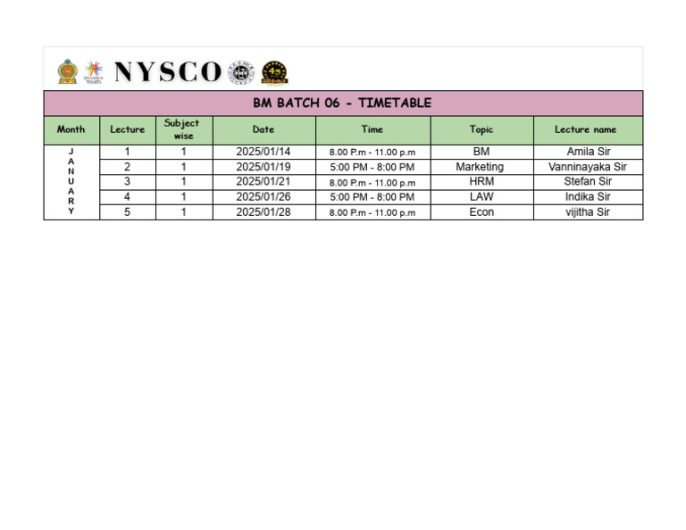 January 2025 Time Table - BM B 06 | PDF