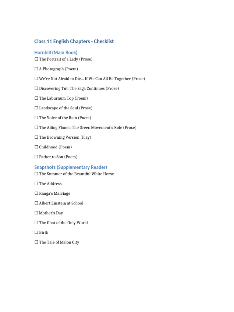 Class11 English Checklist | PDF