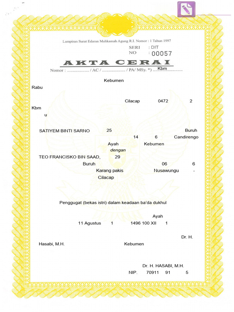 Akta Cerai Gugat Satiyem dan Teo | PDF