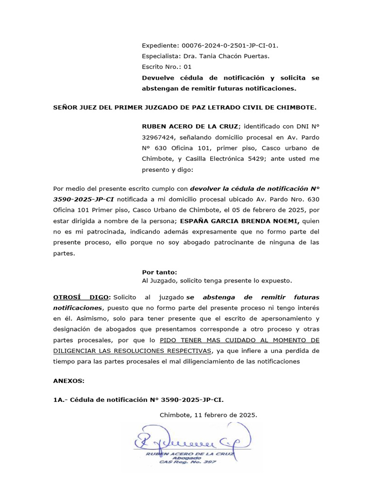 DEVOLUCION DE CEDULA DE NOTIFICACION 3590-2025-JP-CI | PDF