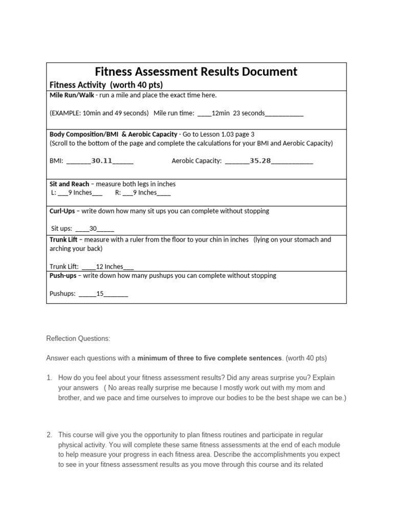 Fitness Assessment Results Document | PDF