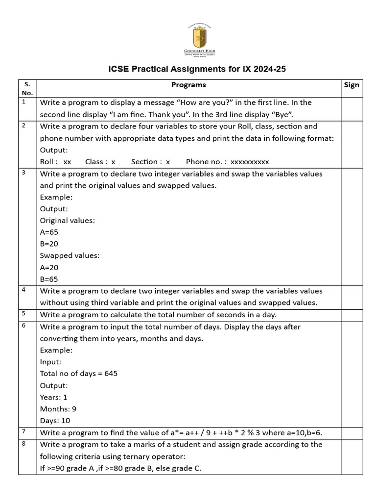 ICSE Practical Assignments For IX 2024-25 | PDF | Prices | Numbers