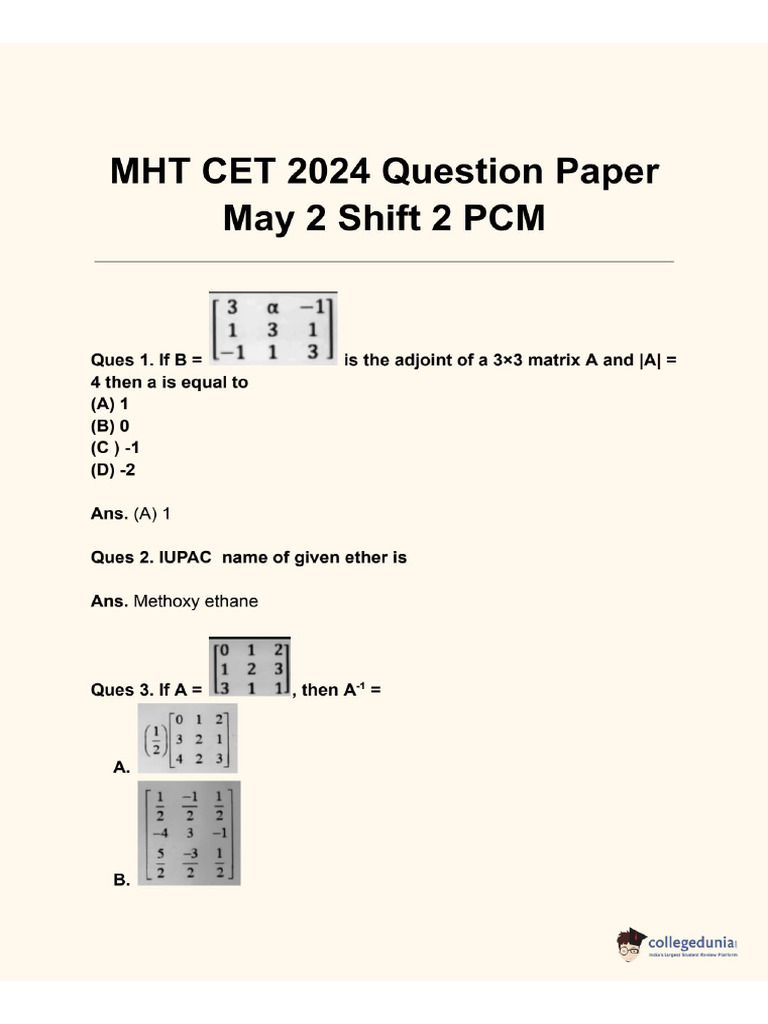 MHT CET 2024 May 2 Shift 2 Question Paper PCM | PDF