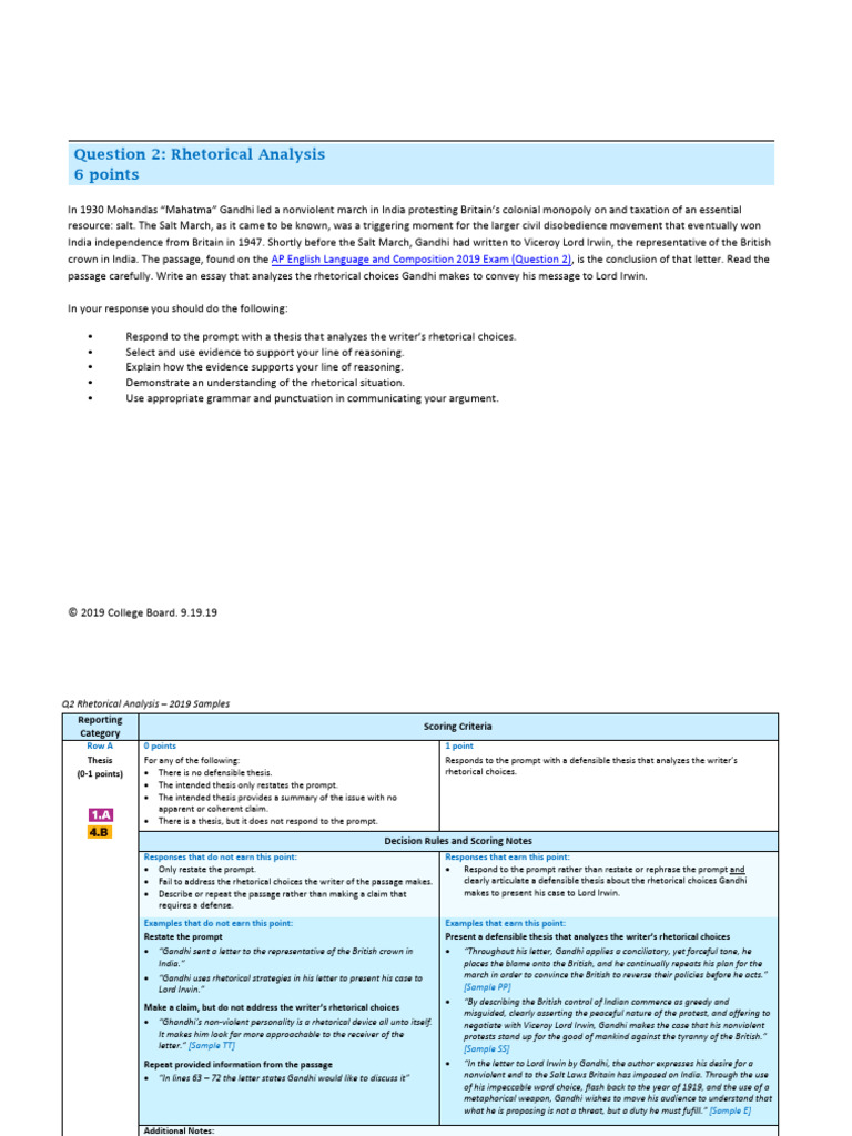 Rhetorical Analysis - Gandhi Prompt and Scoring Guidelines | PDF ...