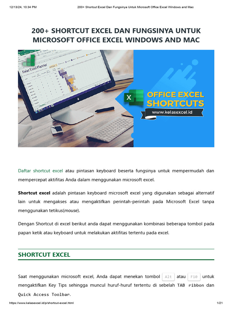 200+ Shortcut Excel Lengkap dan Fungsinya | PDF