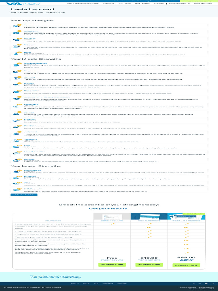 VIA Character Strengths Survey Free Results | VIA Institute on ...