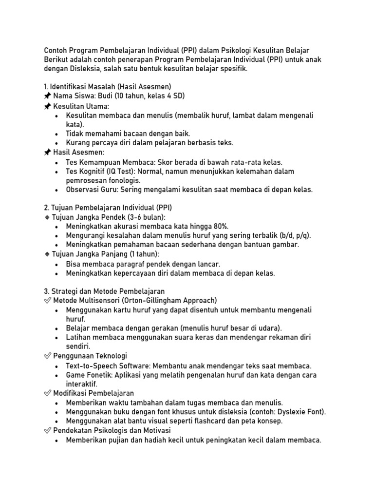 Contoh PPI untuk Anak Kesulitan Belajar | PDF