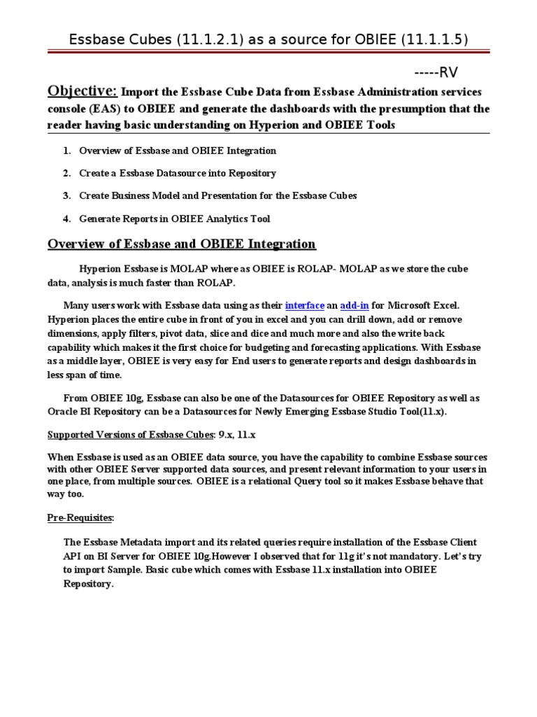 Essbase to OBIEE Integration Guide | PDF | Data Management Software | Digital Technology