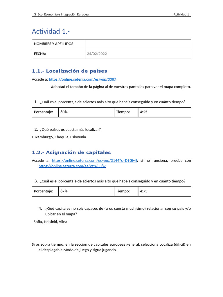 Localización de Países y Capitales Europeas | PDF