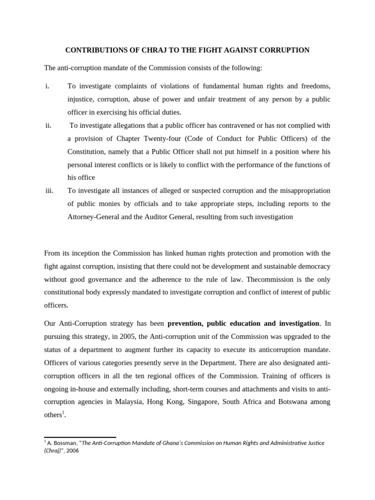 CONTRIBUTIONS OF CHRAJ TO THE FIGHT AGAINST CORRUPTION AND HUMAN RIGHTS ...