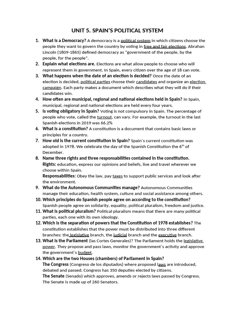 Unit 5. Spain S Political System | PDF | Elections | Parliament