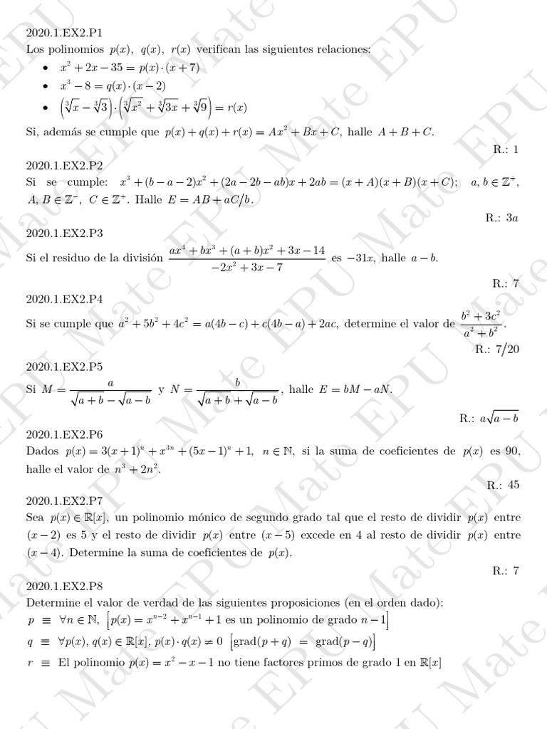 2020 1 Ex2 V1 | PDF | Álgebra | Aritmética