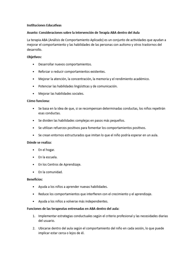 Consideraciones Sobre La Intervención de Terapia ABA Dentro de La Ie ...