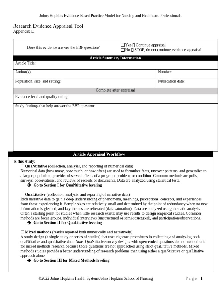 John Hopkins Appraisal Tool Appendix E 2022 Final DV | PDF | Quantitative Research | Qualitative ...