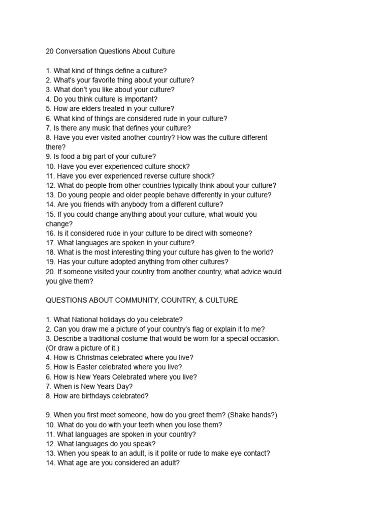 20 Conversation Questions About Culture | PDF