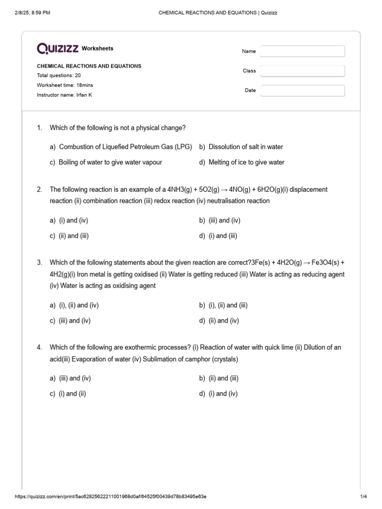 Quiz on Chemical Reactions | PDF | Chemical Reactions | Precipitation ...