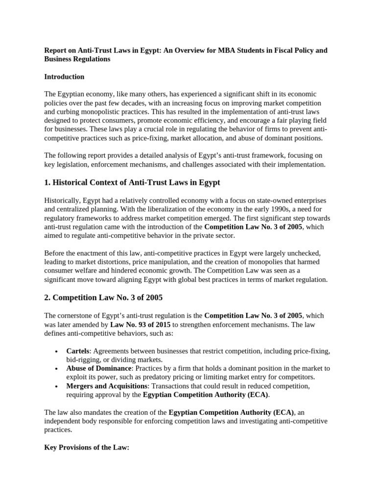 Overview of Egypt's Anti-Trust Laws | PDF | Competition Law | United ...