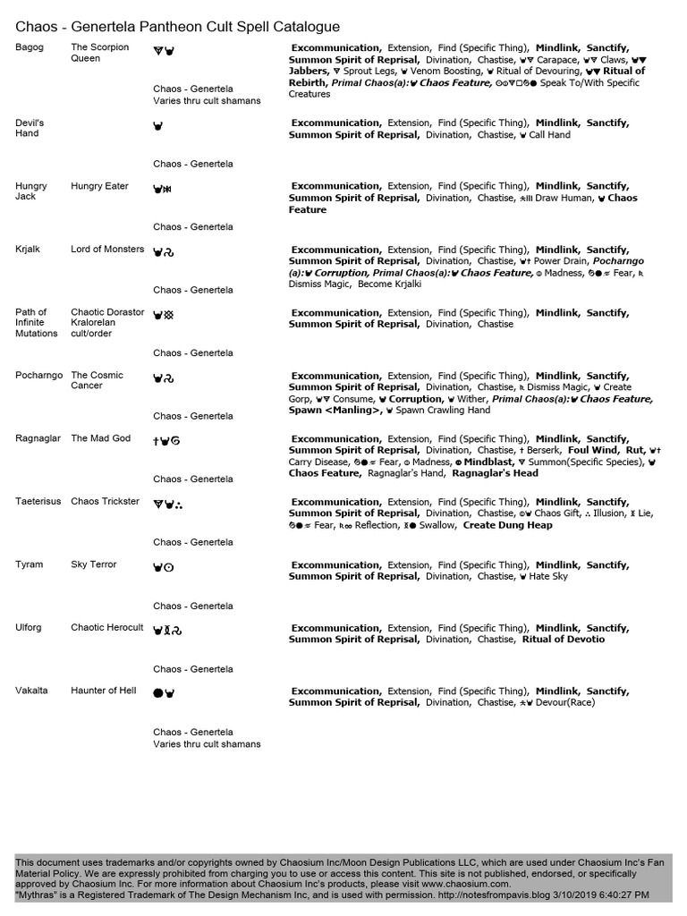 Chaos - Genertela Pantheon Cult Spell Catalogue | PDF