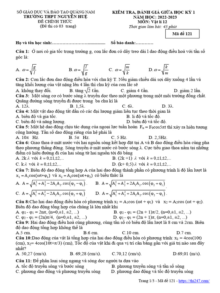 De Giua Hoc Ky 1 Vat Li 12 Nam 2022 2023 Truong THPT Nguyen Hue Quang Nam Trang 1 | PDF
