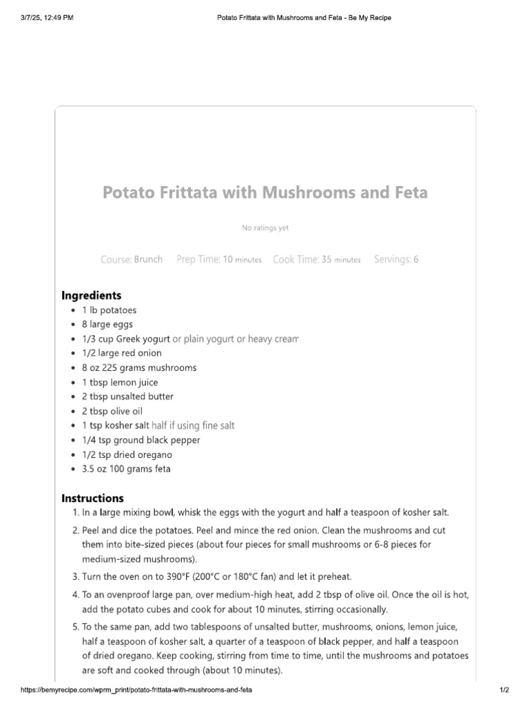 Potato Frittata With Mushrooms and Feta | PDF