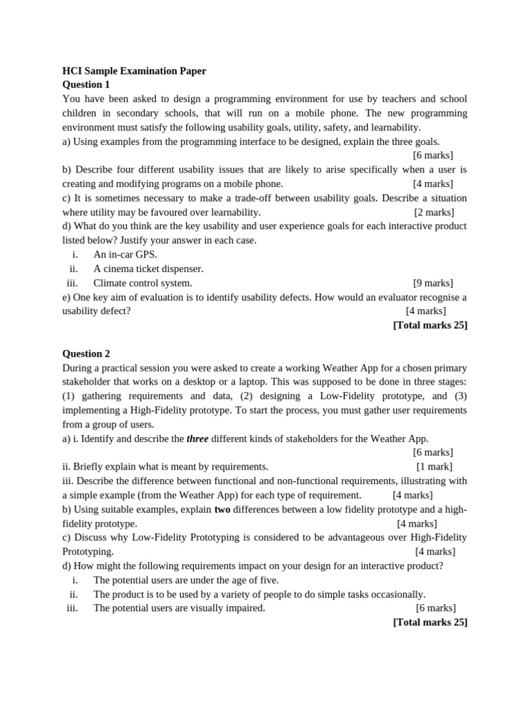 HCI Sample Examination Paper | PDF | Usability | Human–Computer Interaction