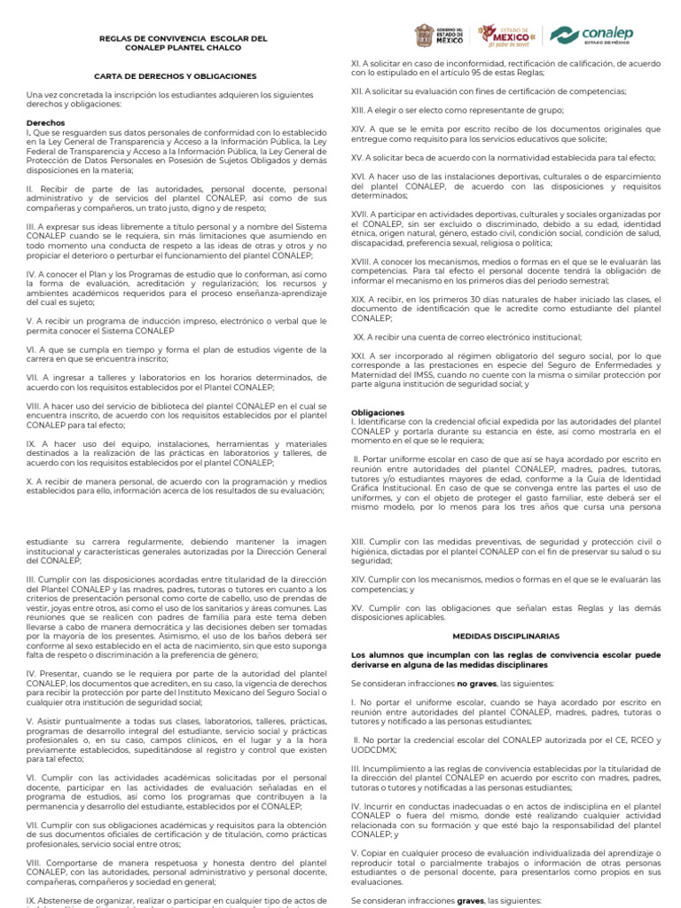 Reglas de Convivencia Escolar Plantel Chalco-1.24.25 | PDF | Laboratorios