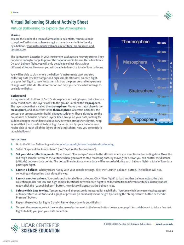 ZE Virtual Ballooning Student Activity Sheet | PDF | Atmosphere Of ...