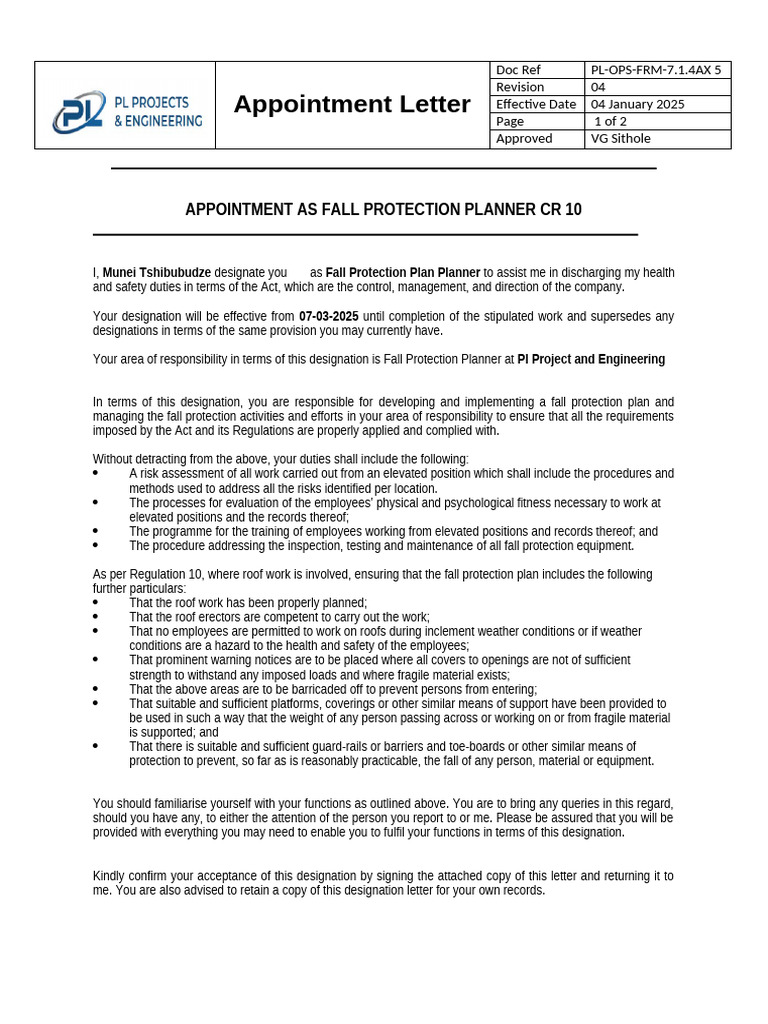 PL-HSE-FRM-7.1.4 AX 5 - Appointment Letter Fall Protection Planner ...