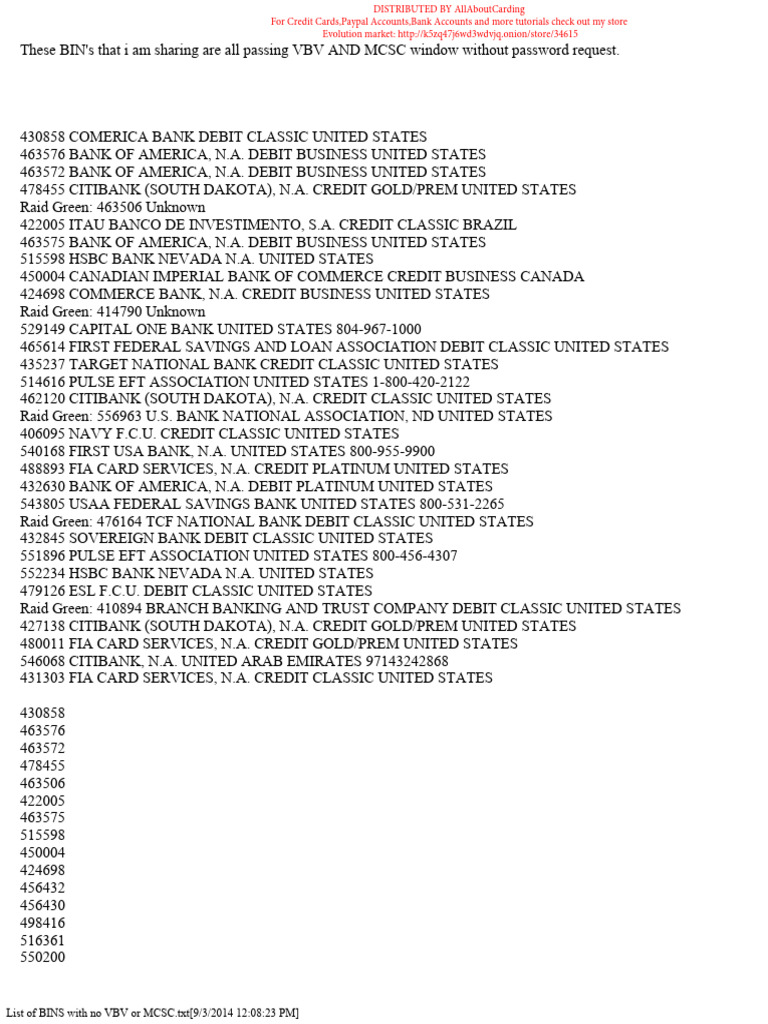List of BINS With No VBV or MCSC | PDF | Debit Card | Banks