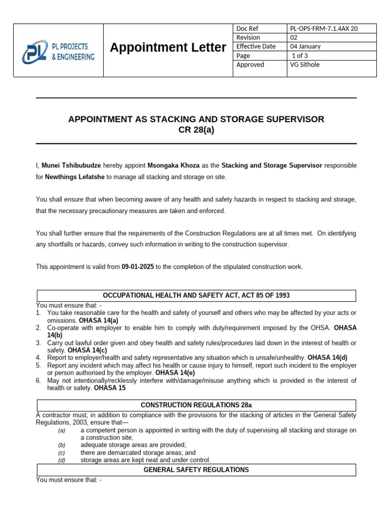 Stacking and Storage Supervisor Appointment | PDF | Occupational Safety ...
