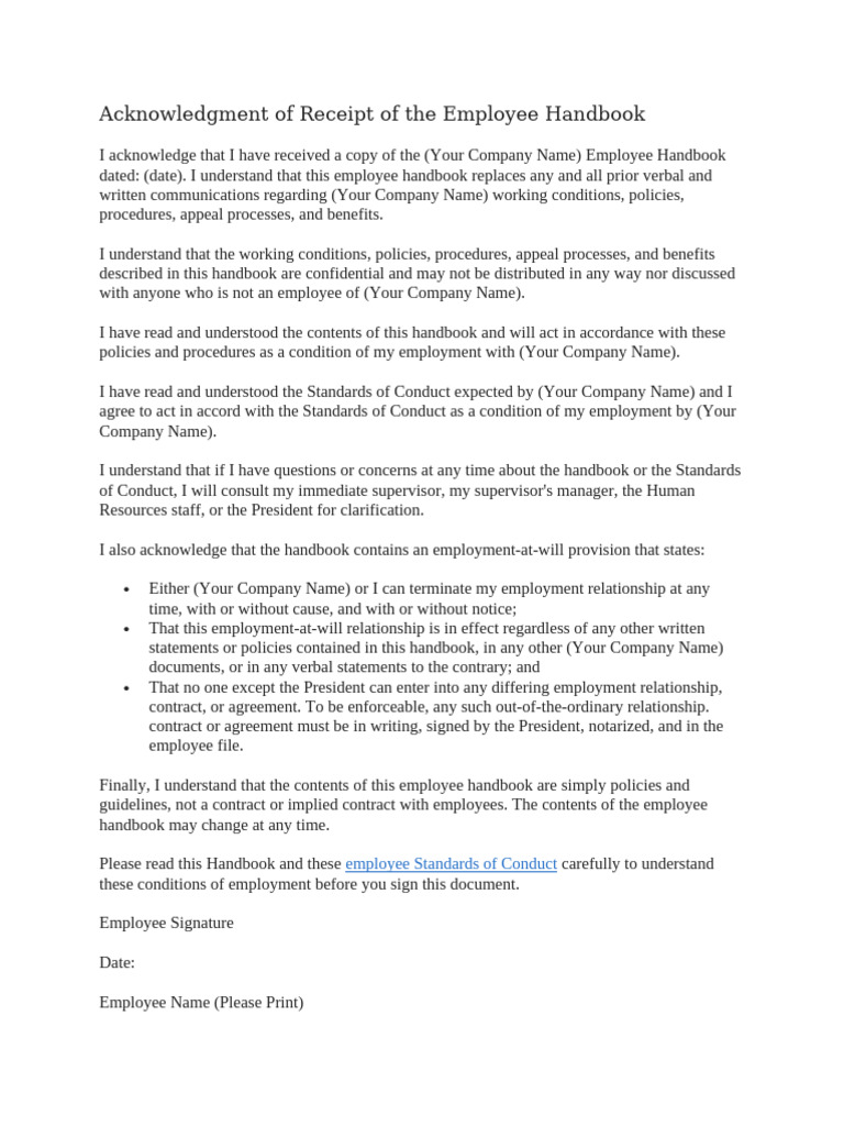 Acknowledgment of Receipt of The Employee Handbook | PDF
