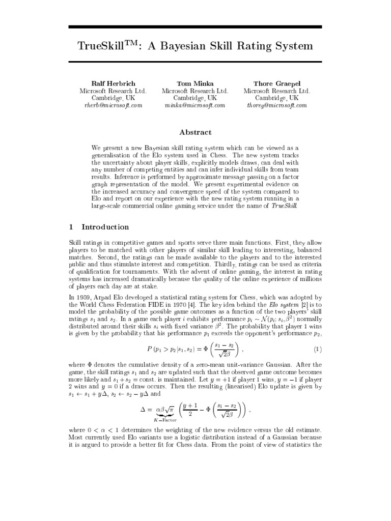 NIPS 2006 Trueskilltm A Bayesian Skill Rating System Paper | PDF | Normal Distribution ...